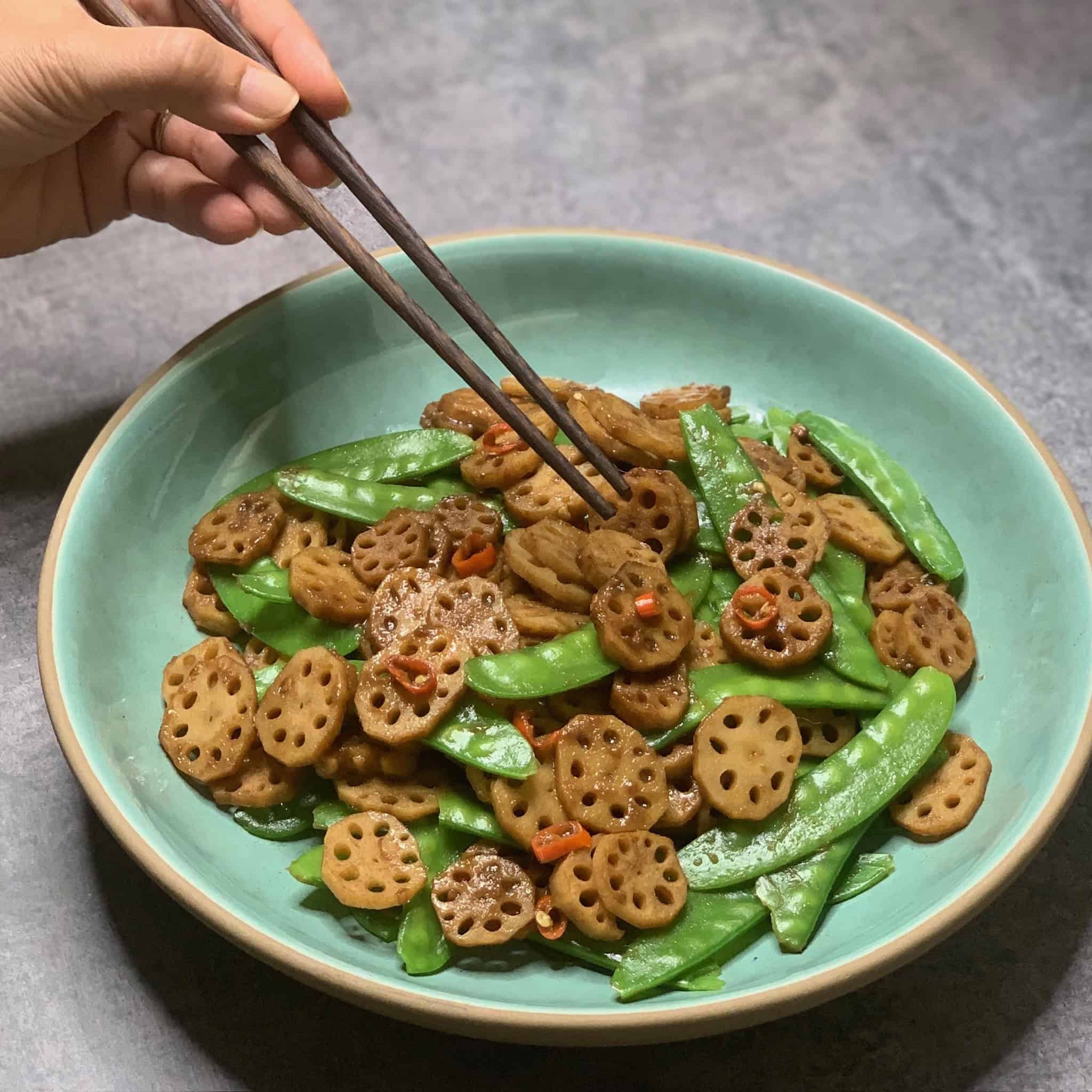 Stir-Fried Snow Peas and Lotus Root - Madhavi Shilpi